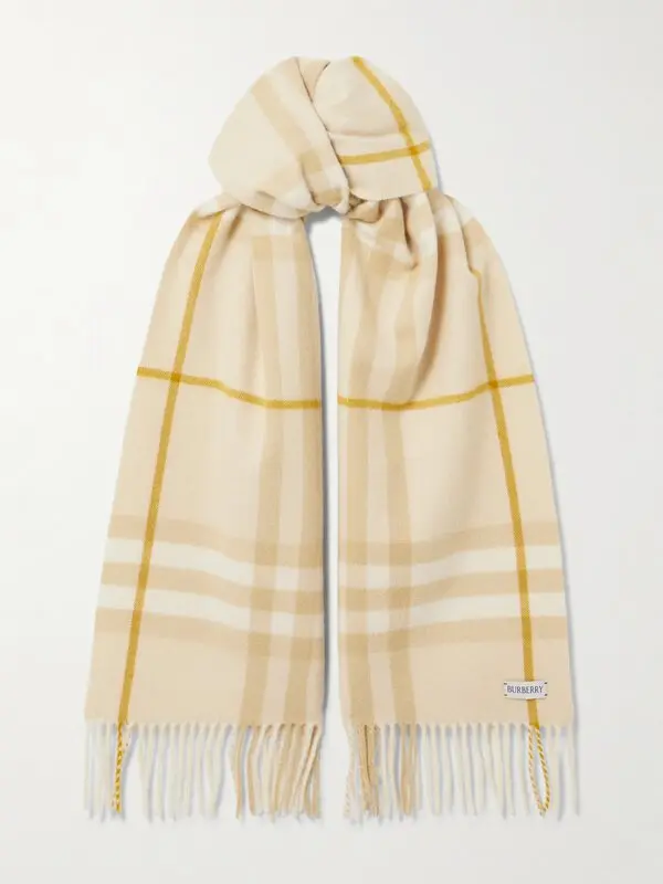 Burberry Fringed Checked Cashmere Scarf - Cream