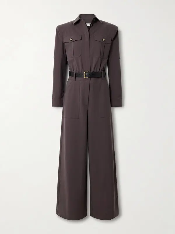 SELF-PORTRAIT Belted Twill Jumpsuit - Brown
