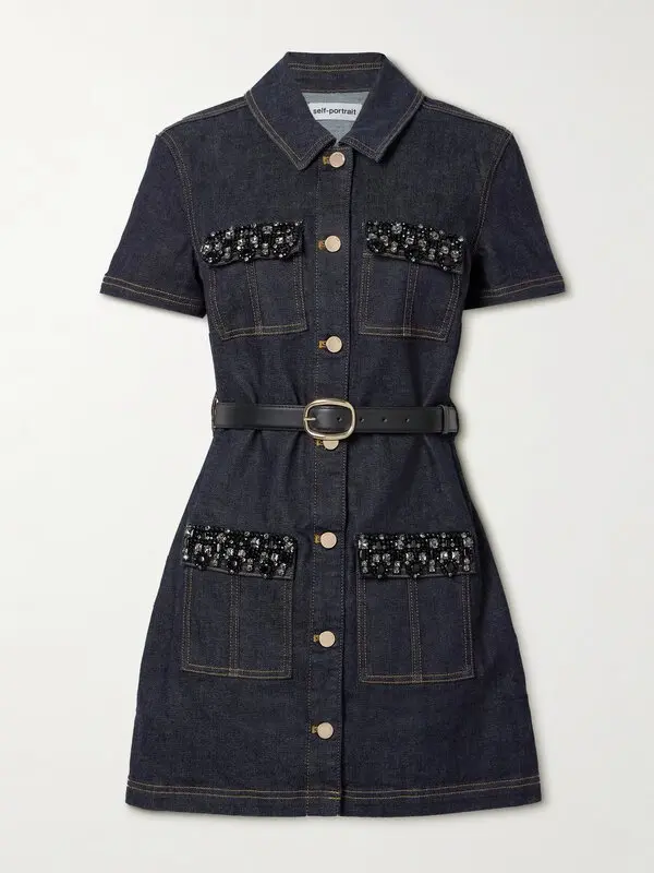 Self-Portrait Crystal-Embellished Denim Mini Dress - Blue - 30% Off |  Editorialist