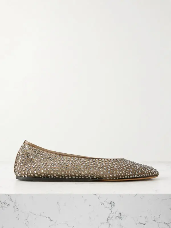 Le Monde Beryl Luna Leather-trimmed Crystal-embellished Mesh Flats - Neutrals