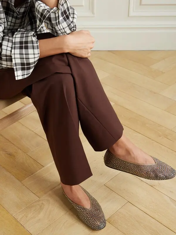 Le Monde Beryl Luna Leather-trimmed Crystal-embellished Mesh Flats - Neutrals
