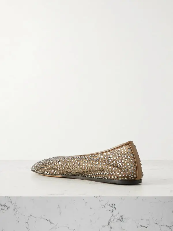 Le Monde Beryl Luna Leather-trimmed Crystal-embellished Mesh Flats - Neutrals