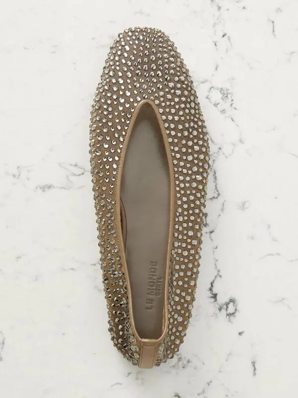 Le Monde Beryl Luna Leather-trimmed Crystal-embellished Mesh Flats - Neutrals