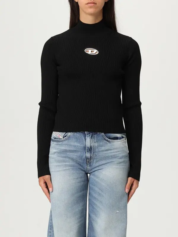 DIESEL® Ribbed High Neck Top With Logo Detail - Black