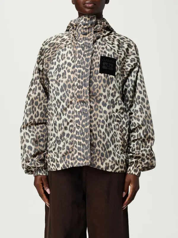 GANNI Leopard Print Hooded Jacket - Brown