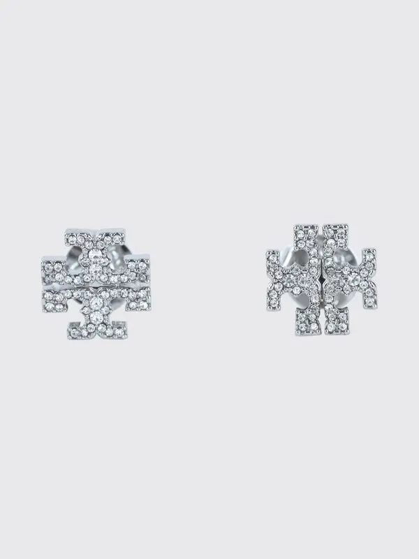 Tory Burch Iconic Brass Stud Earrings With Pave Rhinestones - Silver