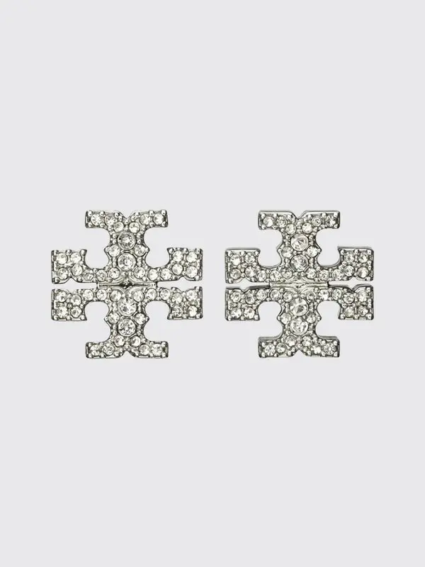 Tory Burch Iconic Brass Stud Earrings With Pave Rhinestones - Silver