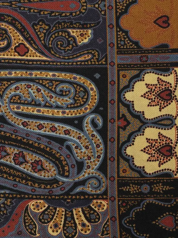 Etro Rectangular Paisley Print Wool And Silk Scarf With Fringed Edges