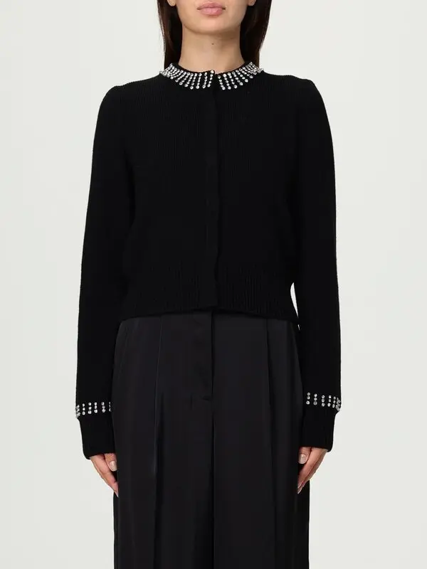 Pinko Ribbed Cardigan With Embellished Collar And Cuffs - Black