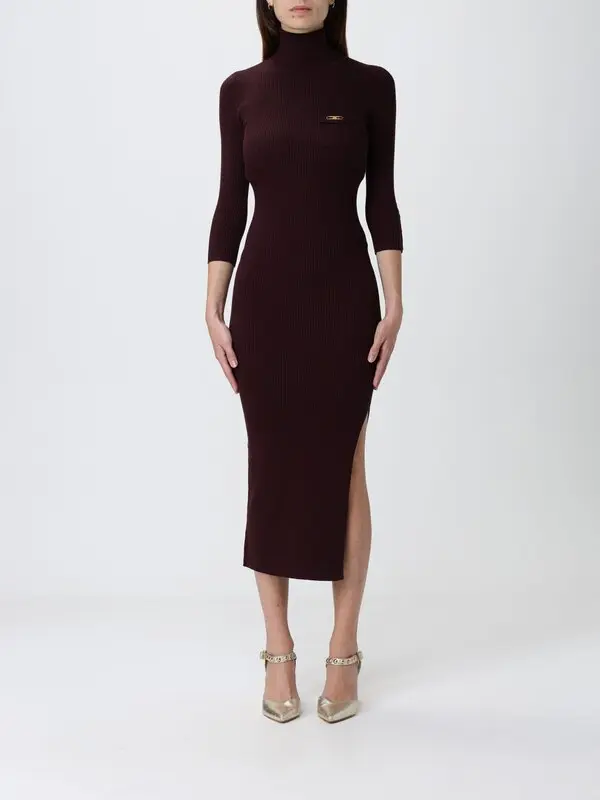 Elisabetta Franchi Ribbed Turtleneck Midi Dress With Side Slit
