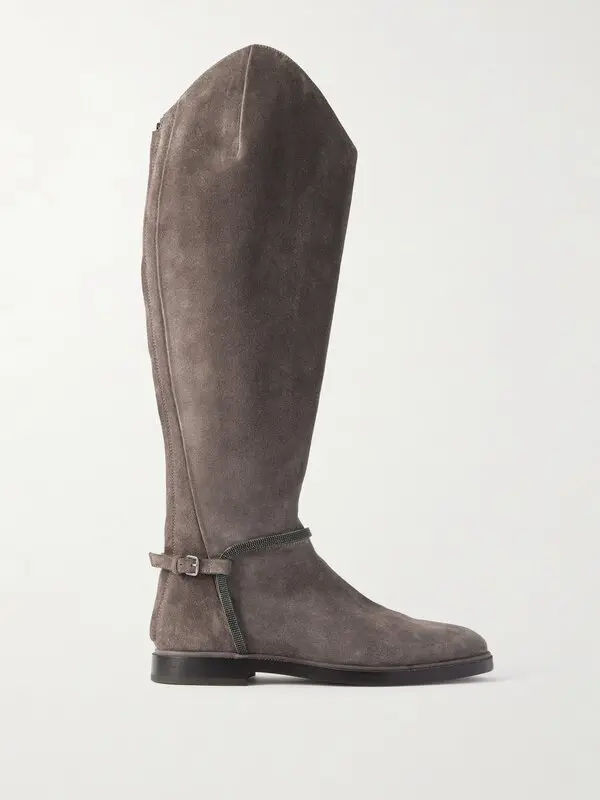 Brunello Cucinelli Buckled Bead-embellished Suede Knee Boots - Brown