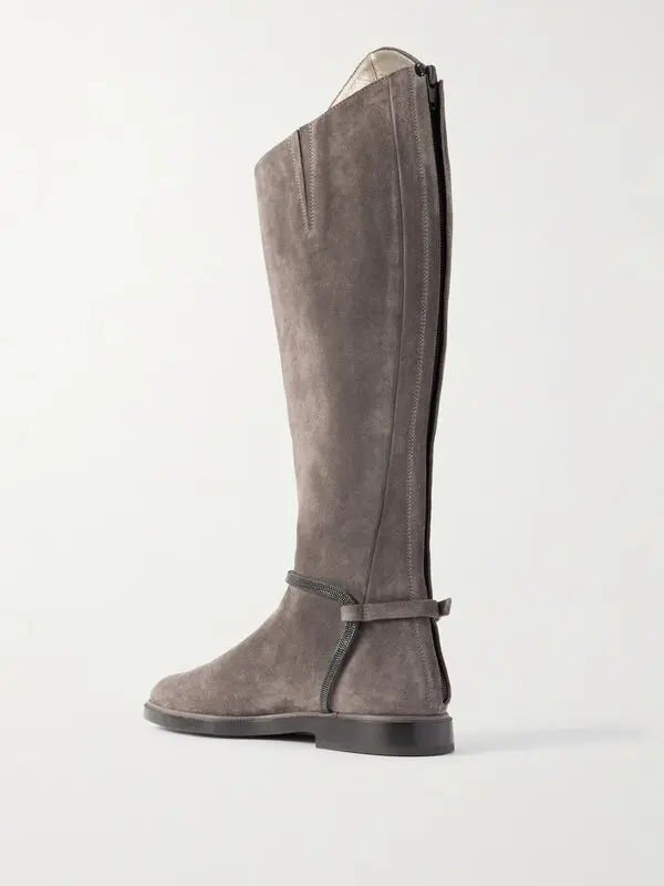Brunello Cucinelli Buckled Bead-embellished Suede Knee Boots - Brown