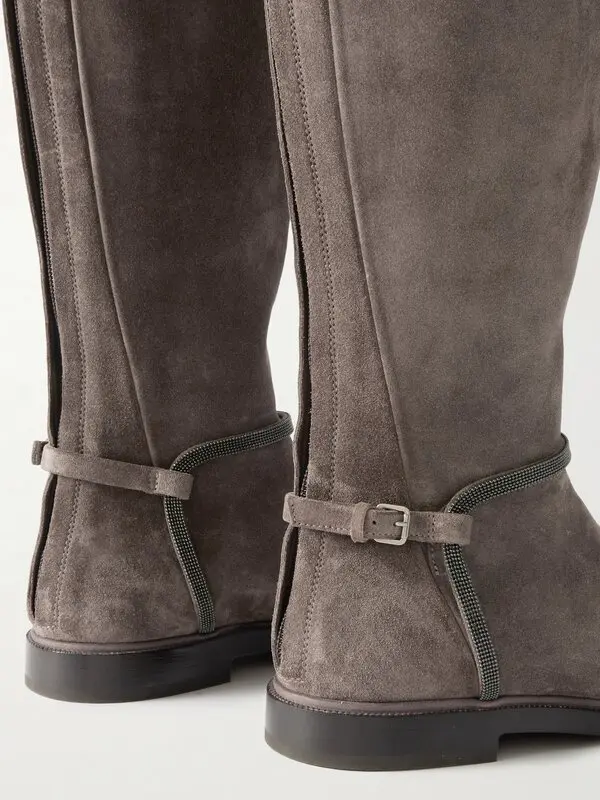 Brunello Cucinelli Buckled Bead-embellished Suede Knee Boots - Brown