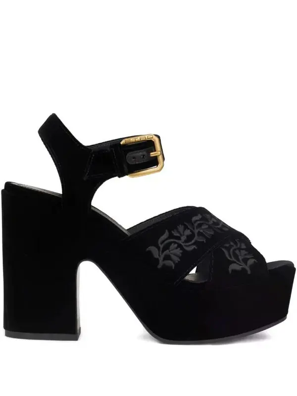 Etro Velvet Platform Sandals With Floral Embroidery