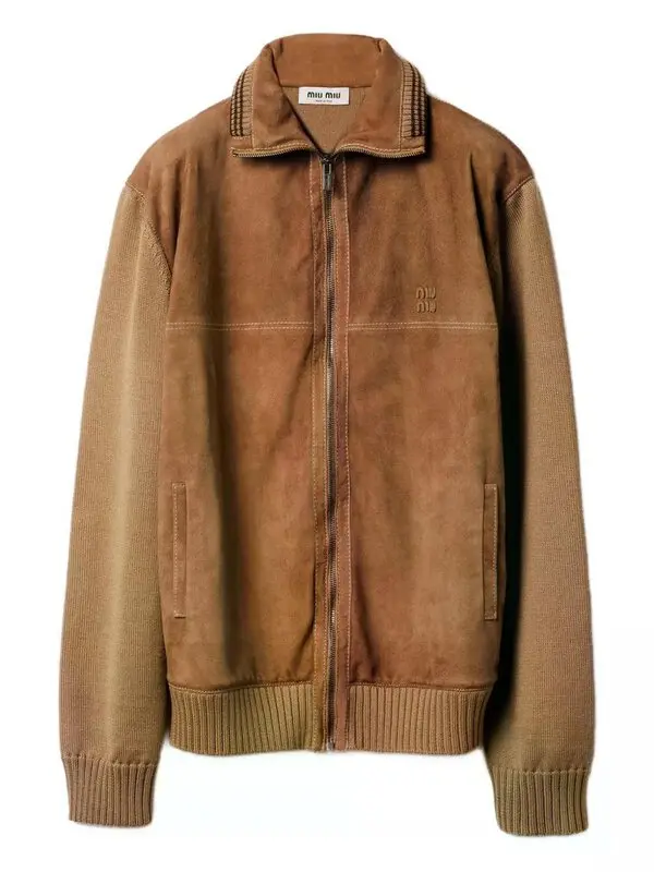 Miu Miu Suede Insert Ribbed Cardigan - Brown