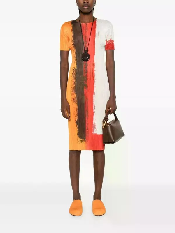 Issey Miyake Pleated Paint-effect Midi Dress