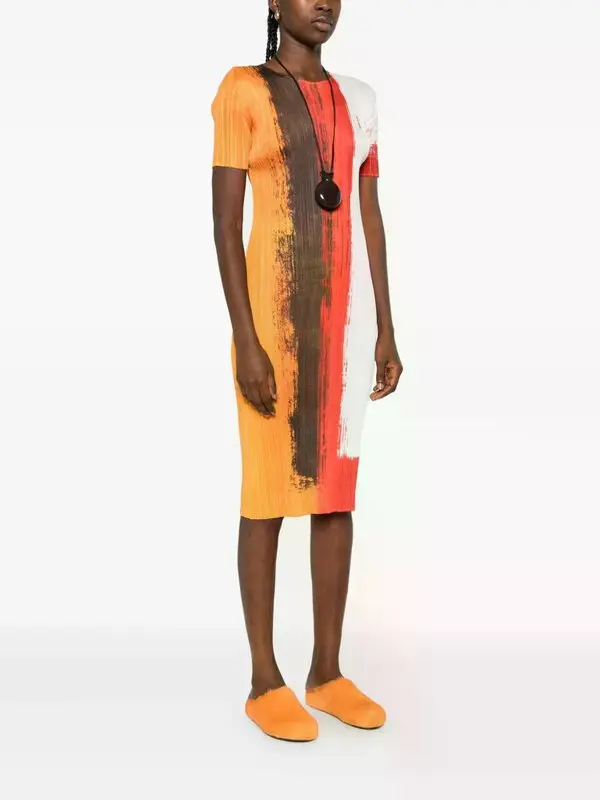 Issey Miyake Pleated Paint-effect Midi Dress