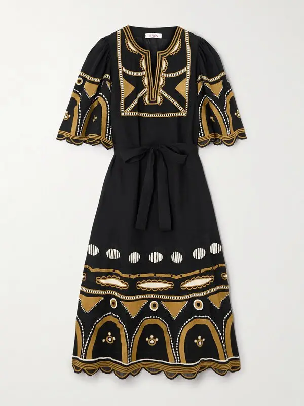 ERES Ornament Belted Embroidered Linen Midi Dress - Black
