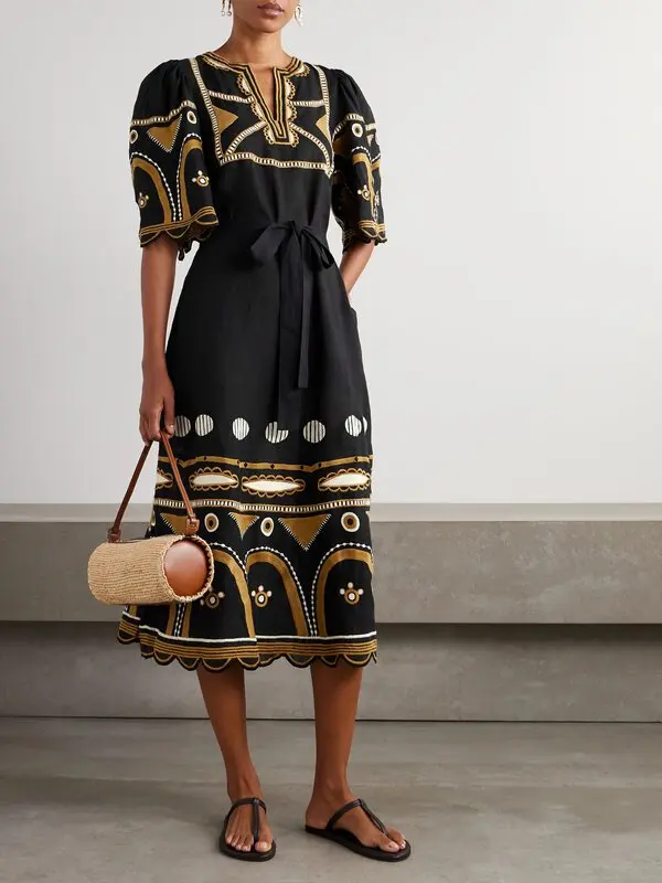 ERES Ornament Belted Embroidered Linen Midi Dress - Black
