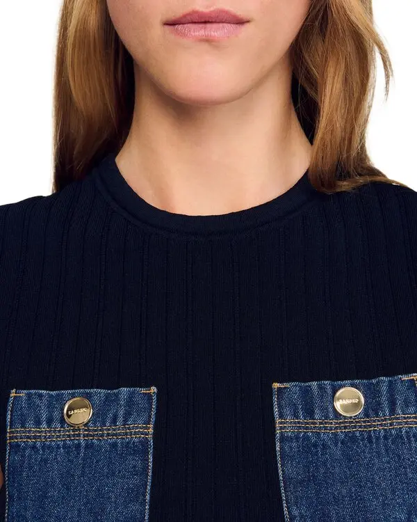 Sandro Knit And Denim Top