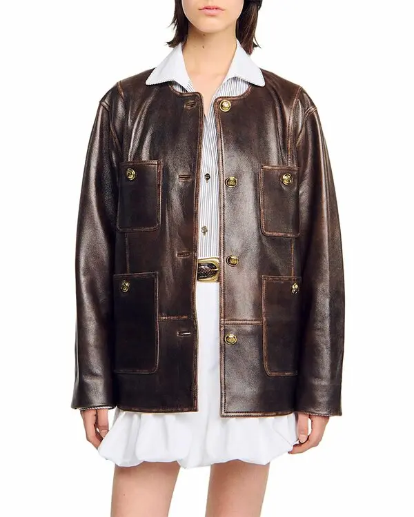 Sandro Long Distressed Leather Jacket - Black/ Brown