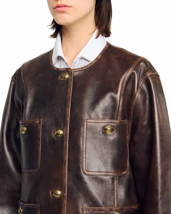 Sandro Long Distressed Leather Jacket - Black/ Brown