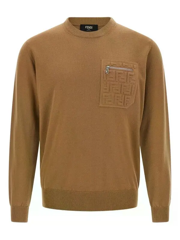 Fendi Embossed-pocket Wool Sweater - Brown