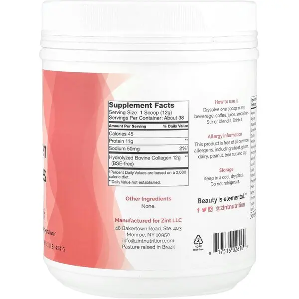 ZINT NUTRITION Collagen Hydrolysate Container 454 Grams