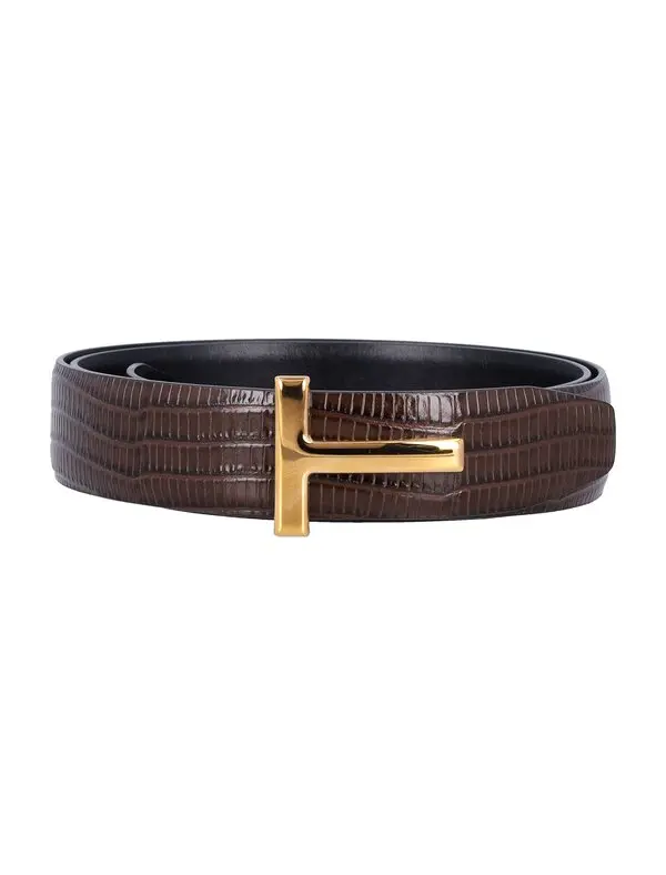 TOM FORD Leather Belt - Mocha + Black  T Gold
