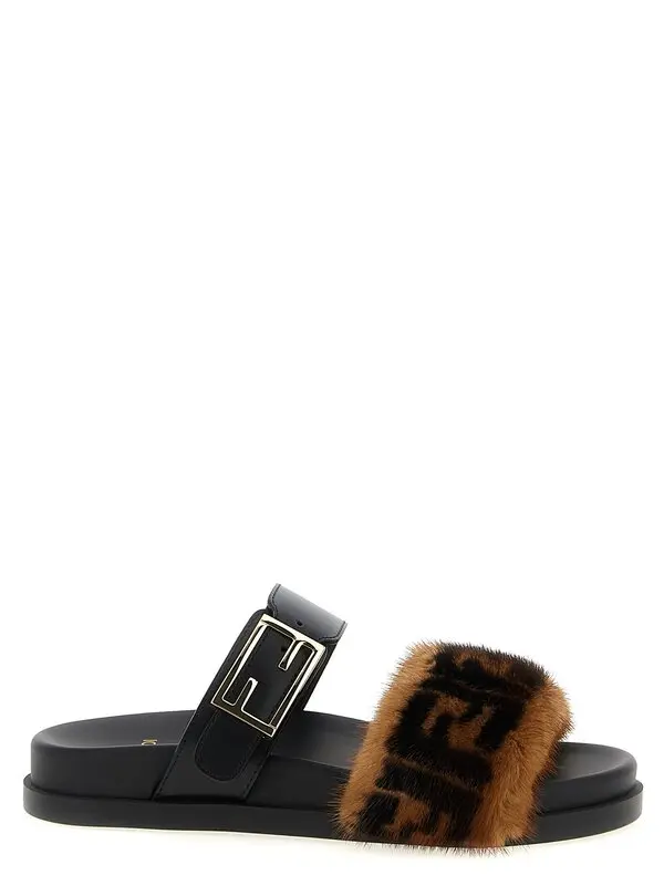 Fendi Feel' Ff Nappa And Jacquard Slides