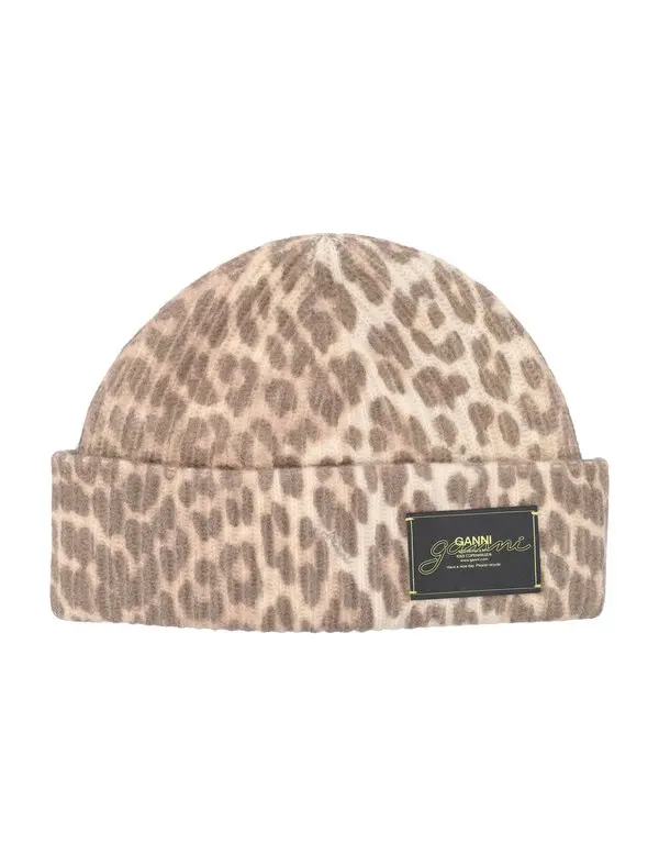 GANNI Leopard Print Wool Beanie - Brown