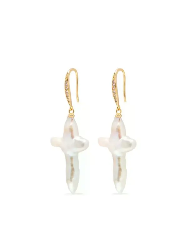 NIALAYA JEWELRY Baroque Pearl Cross Earrings - White