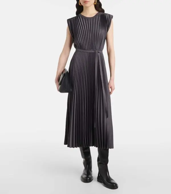 JOSEPH Volta Belted Plisse Satin Midi Dress - Grey