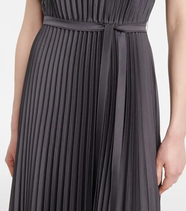 JOSEPH Volta Belted Plisse Satin Midi Dress - Grey