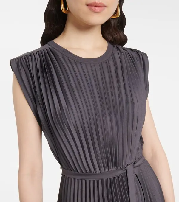 JOSEPH Volta Belted Plisse Satin Midi Dress - Grey
