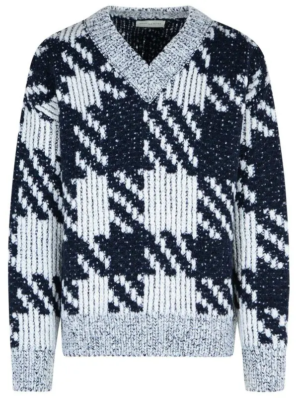 Dries Van Noten Navy And 'macao' Wool And Alpaca Sweater - White