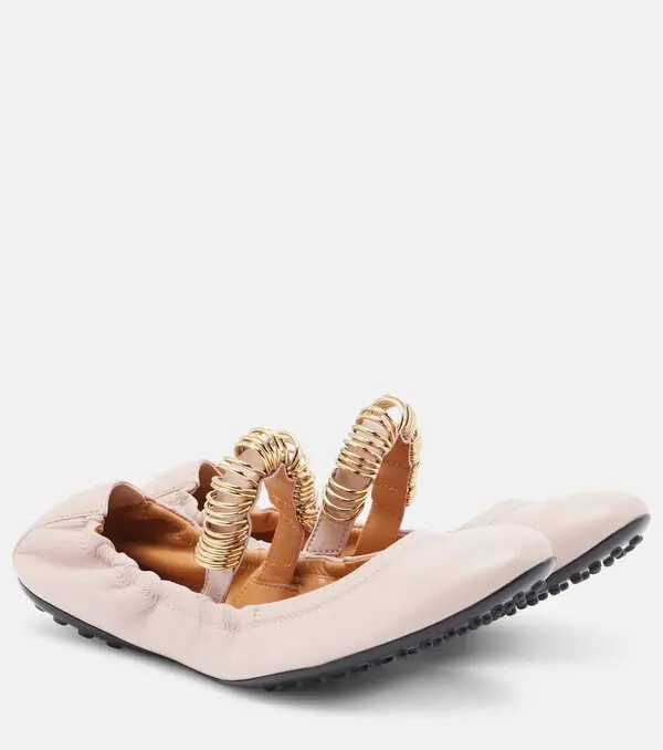 TOD'S Embellished Leather Ballet Flats - Pink
