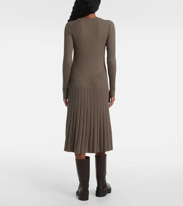 JOSEPH Ribbed-knit Pleated Wool Midi Dress