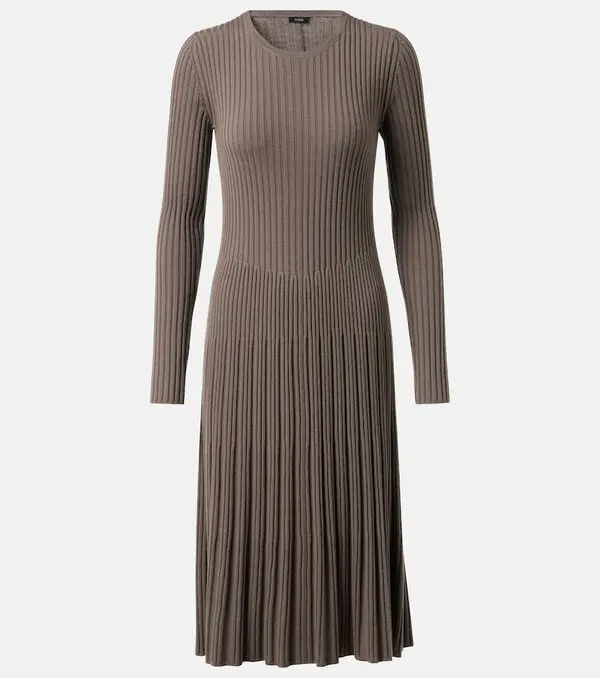 JOSEPH Ribbed-knit Pleated Wool Midi Dress - Brown