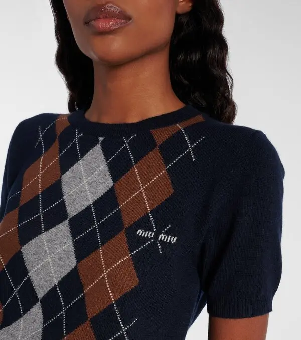 Miu Miu Argyle Knitted Cashmere Top - Blue