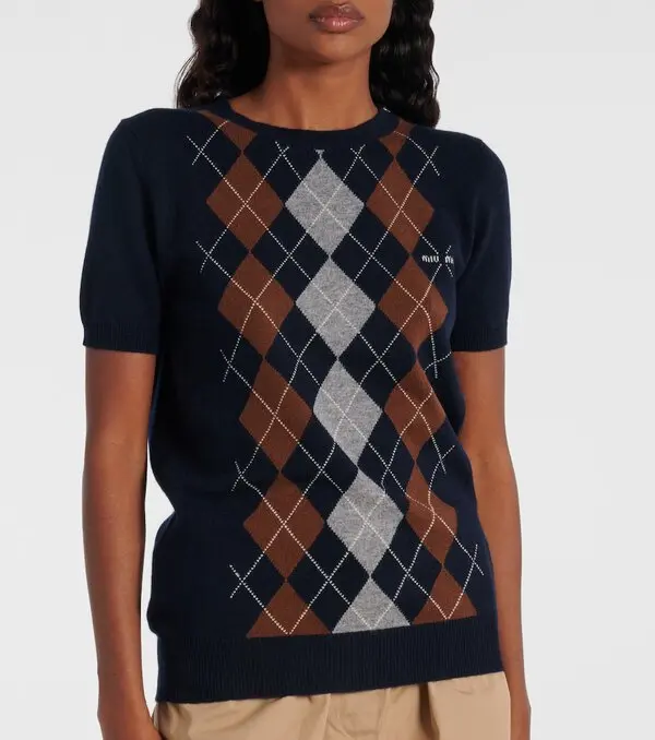 Miu Miu Argyle Knitted Cashmere Top - Blue