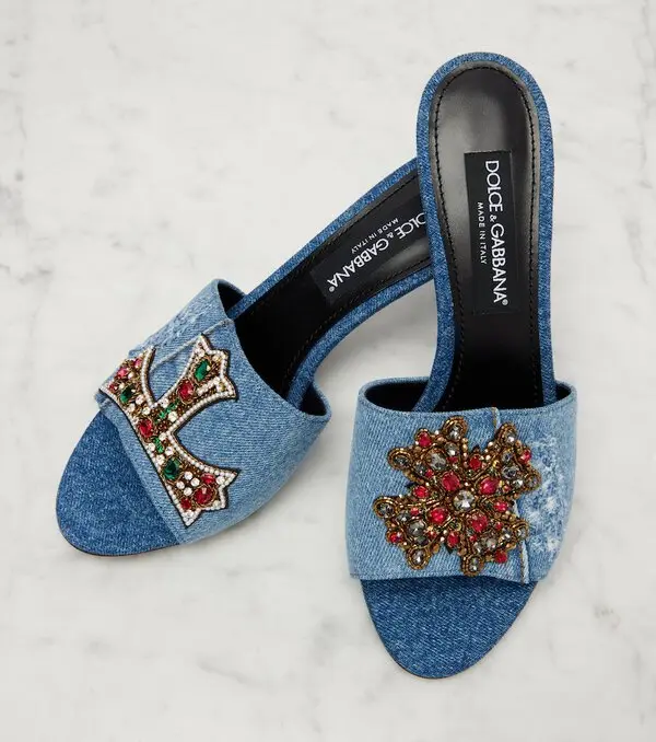 Dolce & Gabbana Crystal-embellished Denim Mules - Blue