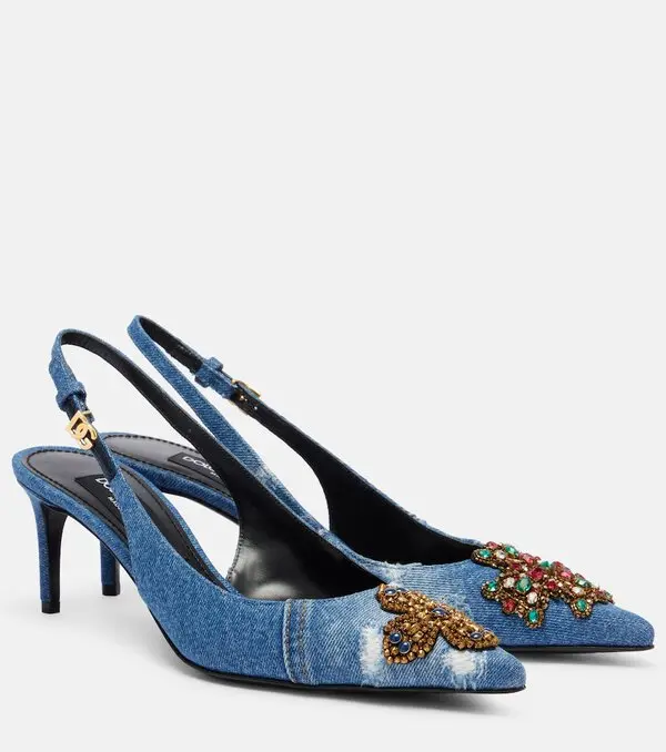 Dolce & Gabbana Embellished Denim Slingback Pumps - Blue