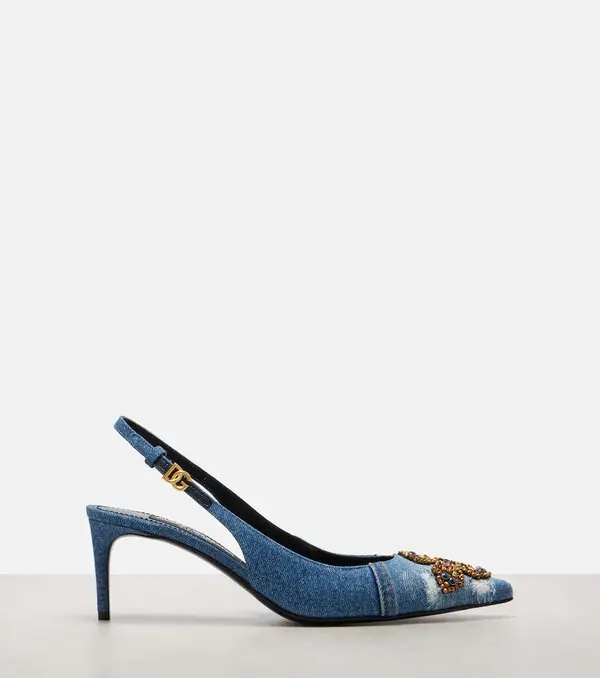 Dolce & Gabbana Embellished Denim Slingback Pumps - Blue