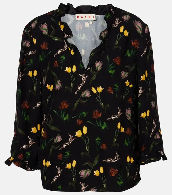 Marni Floral Ruffled Top - Black