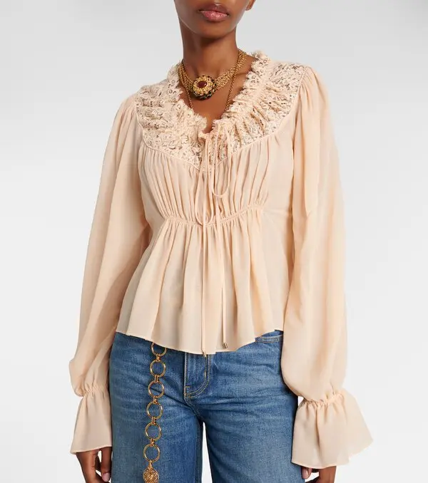 Chloé Shirred Cropped Silk Blouse - Pink