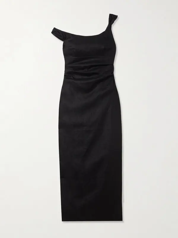 SIR. Twisted Ruched Linen Midi Dress - Black