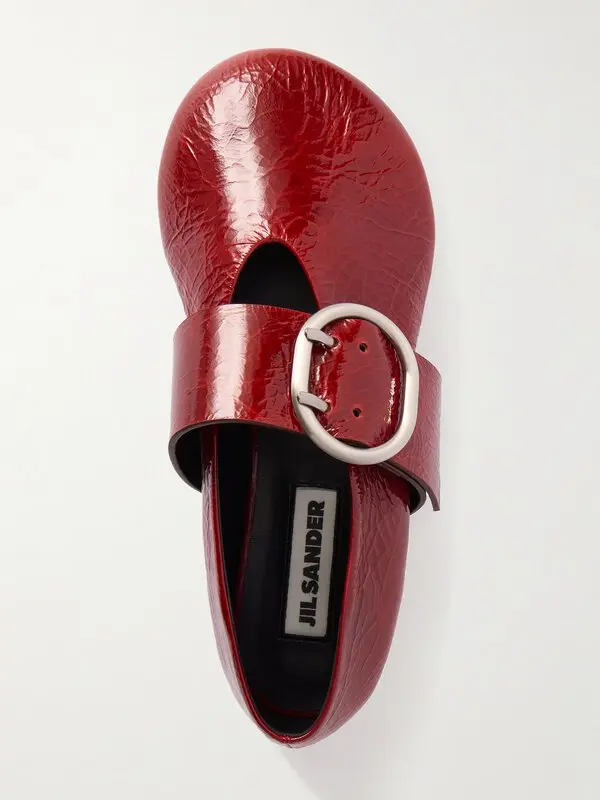 JIL SANDER Crinkled Patent-leather Mary-jane Ballet Flats - Red