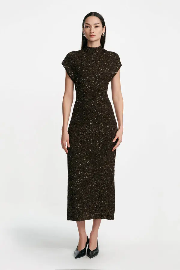 Lela Rose Sequin Knit Mock Neck Dress - Brown