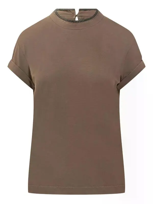 Brunello Cucinelli Embellished-neckline T-shirt - Brown
